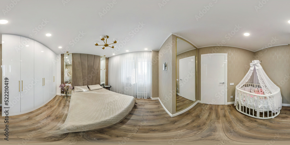 seamless hdri 360 panorama in interior of bedroom with baby cot in flat ...
