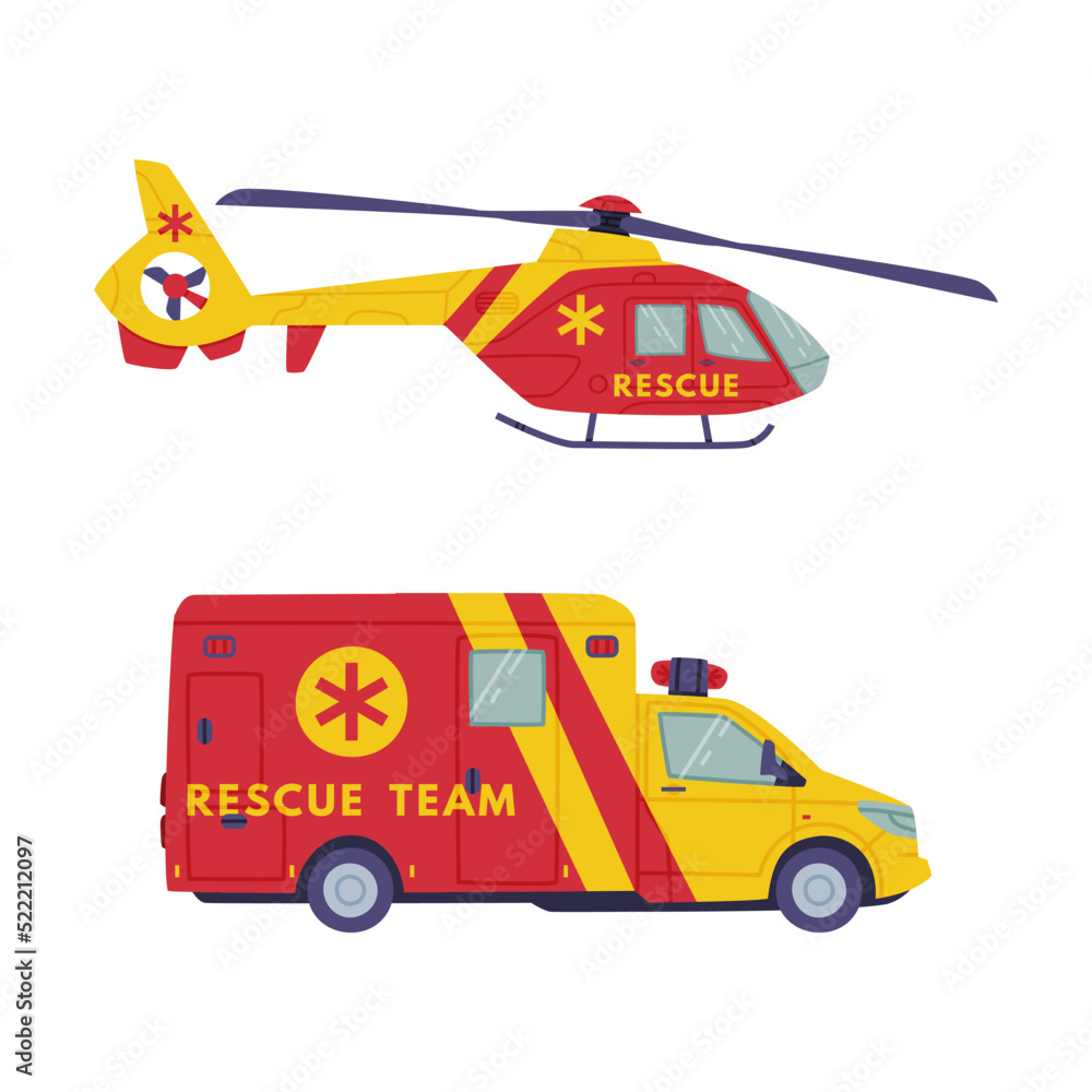 Red and Yellow Van with Siren and Helicopter as Rescue Equipment and ...