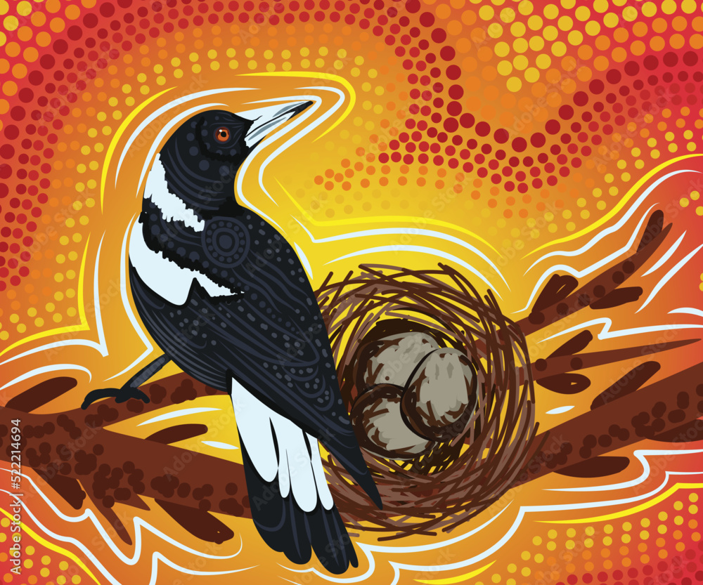 Magpie with nest aboriginal dot painting Stock Vector | Adobe Stock