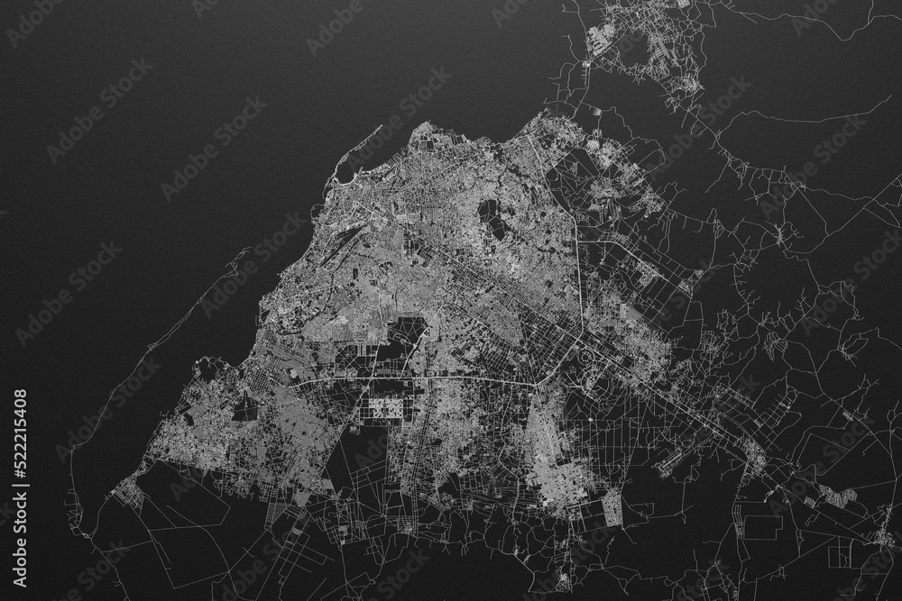 Street map of Luanda (Angola) on black paper with light coming from top ...