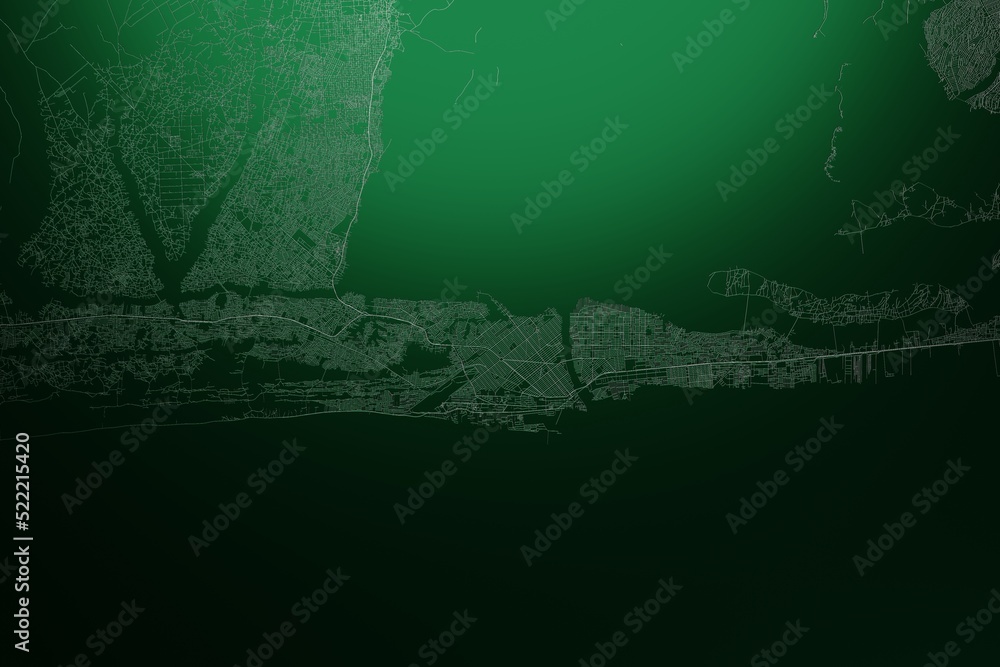 Street map of Cotonou (Benin) engraved on green metal background. Light ...