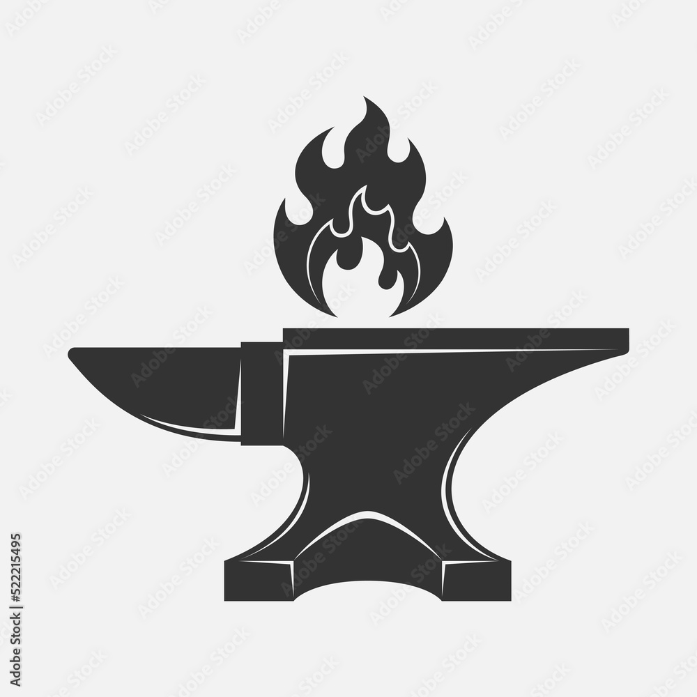 Anvil and flame graphic icon. Forge symbol isolated on white background. Blacksmith shop logo ...