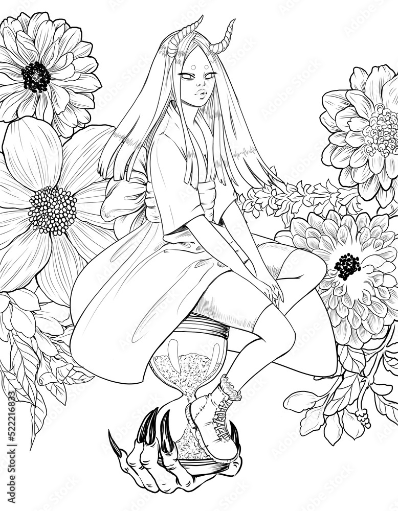 Dark fantasy anime girl. Adult coloring book pages. Stock Illustration ...