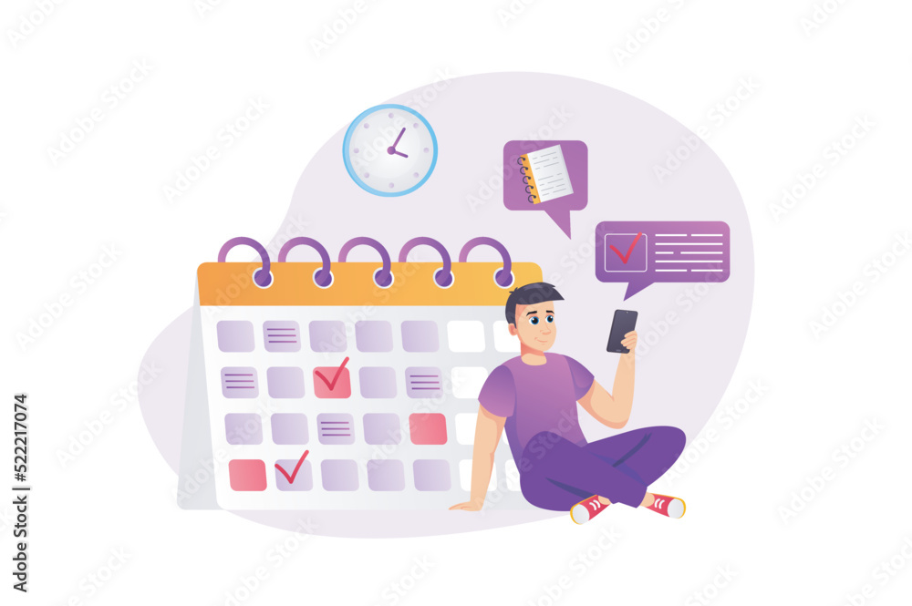 Planning concept in flat style with people scene. Happy man makes daily ...