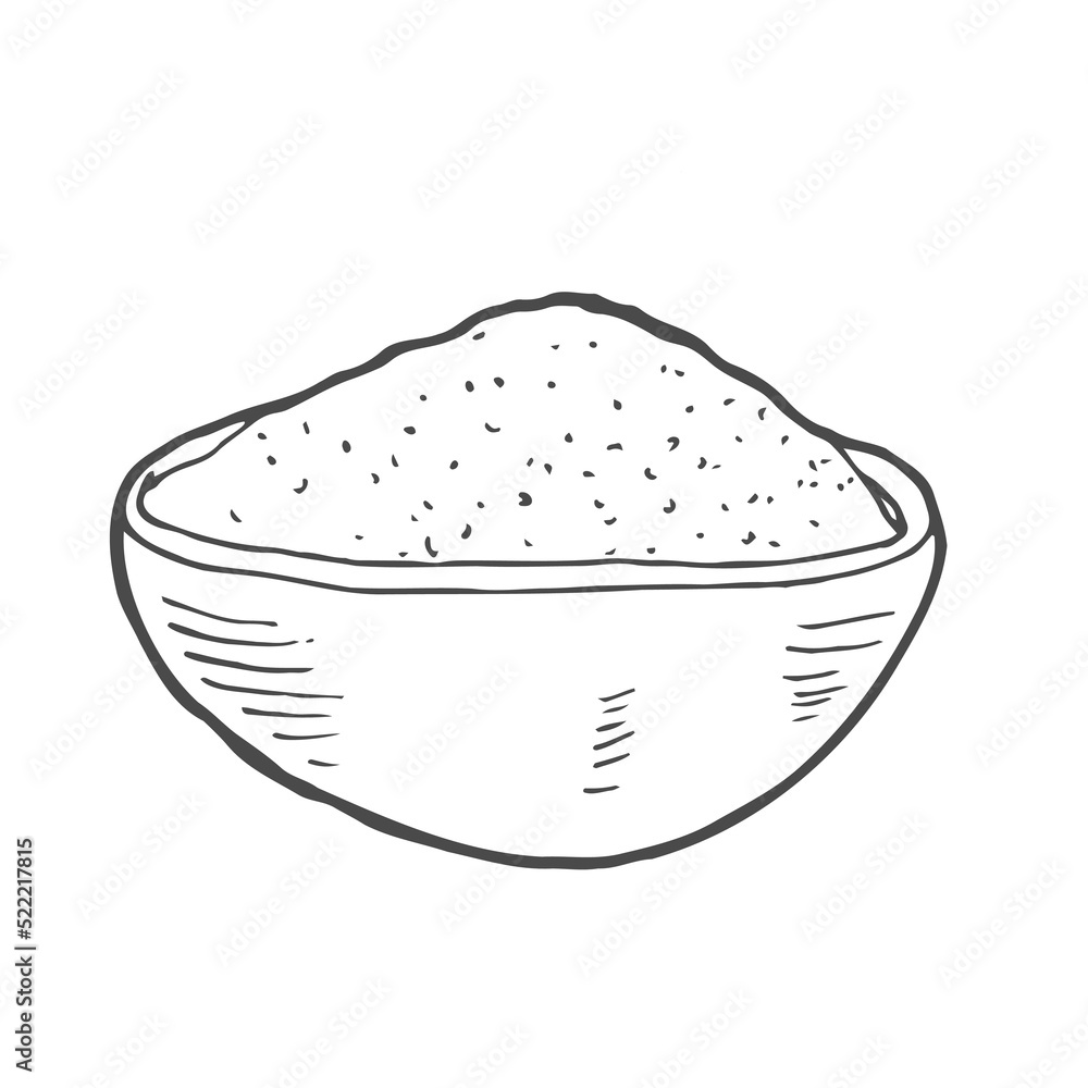 Wooden bowl with food - sketch flour, rice, sea salt, spirulina, spice ...