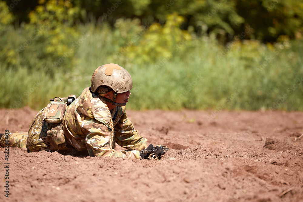 Soldiers game on military training ground battle camp. Action ...
