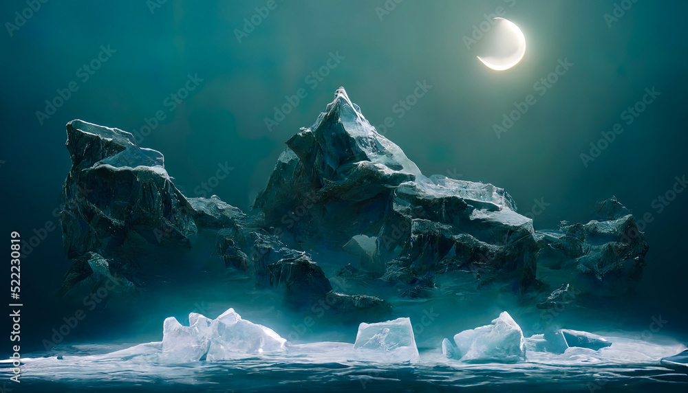 Winter landscape with glaciers. neon light. Blocks of ice on the water ...
