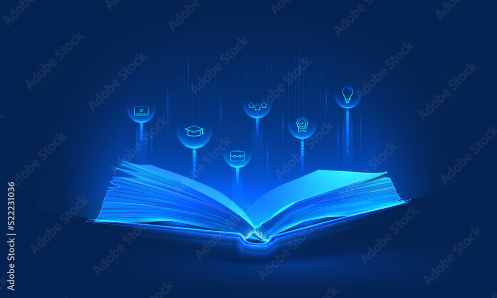 Learn online book in digital futuristic style. Infographics and book ...