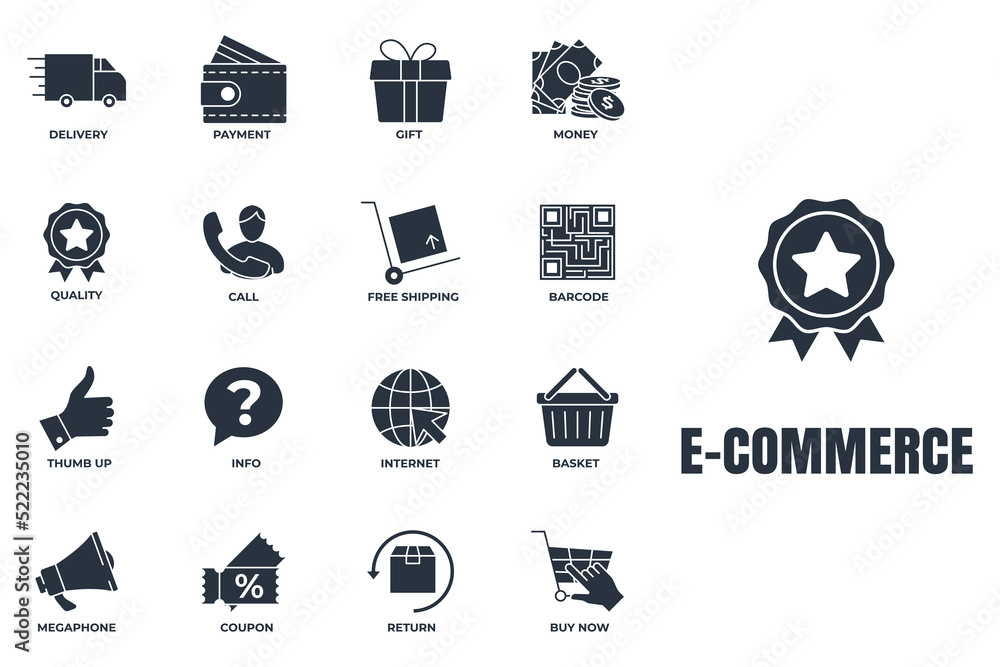 Set of E-commerce icon logo vector illustration. basket, megaphone ...