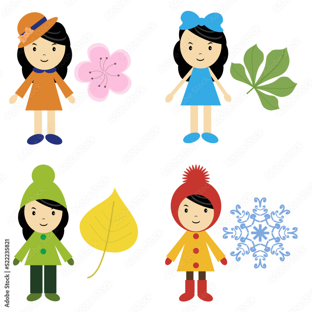 four girls with different season symbols on white background cartoon ...