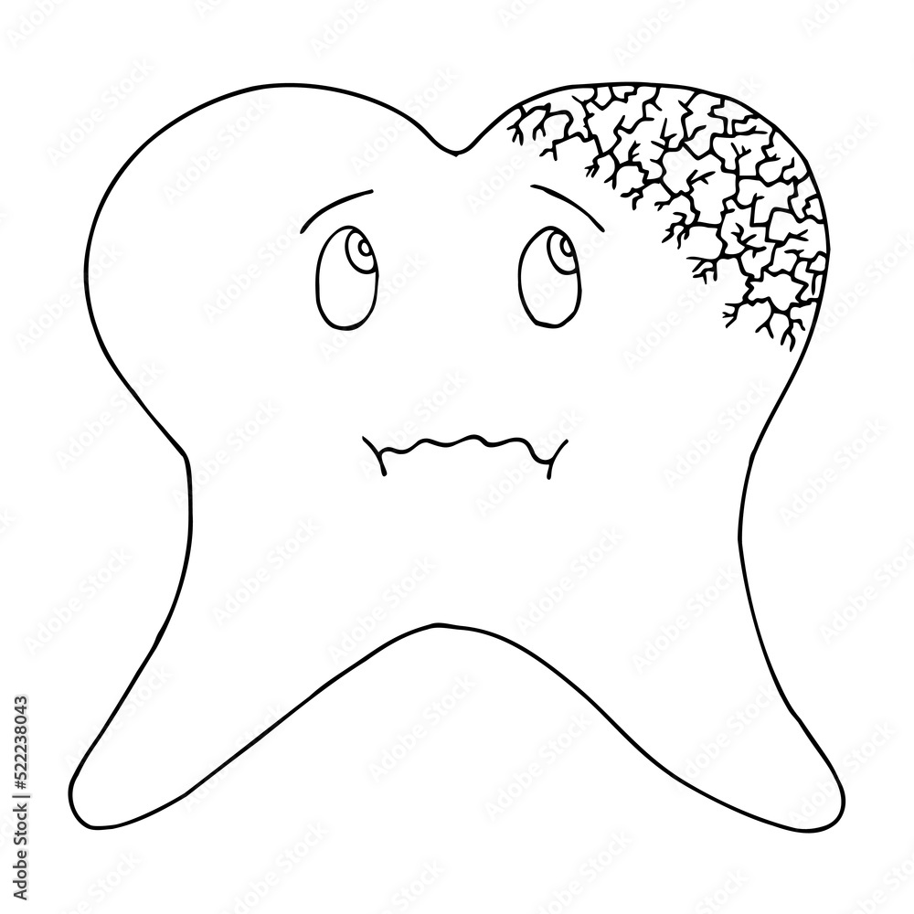 A tooth with a face in despair looks at a part of a tooth affected by ...