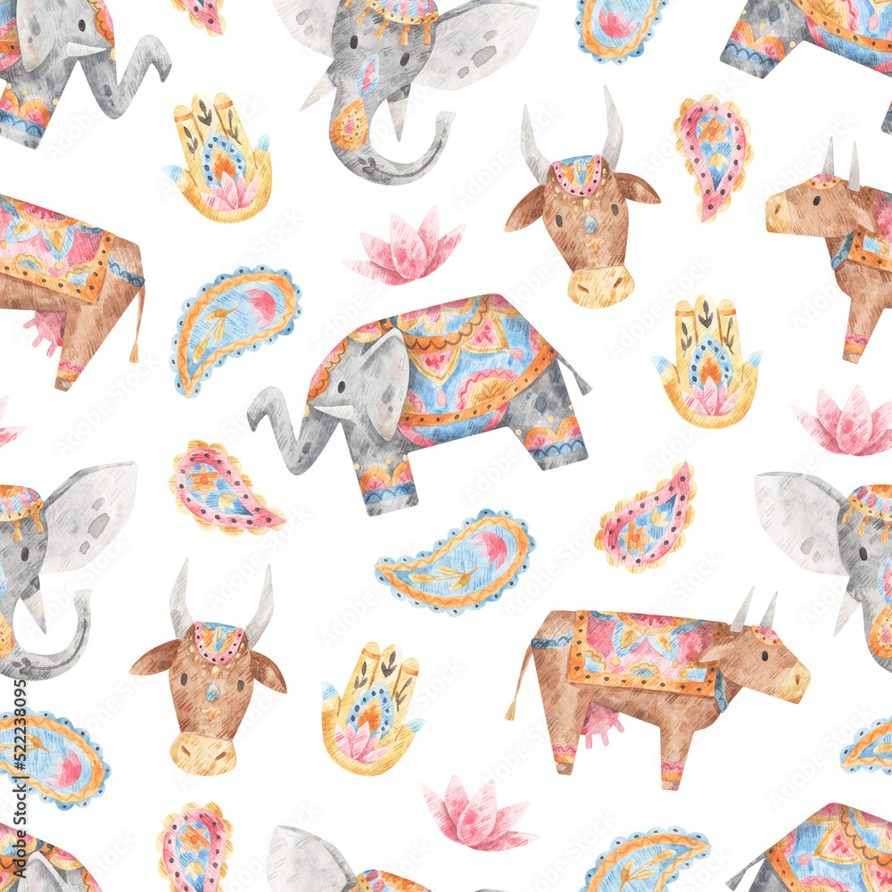 Seamless pattern in Indian style with elephants and cows. Watercolor ...
