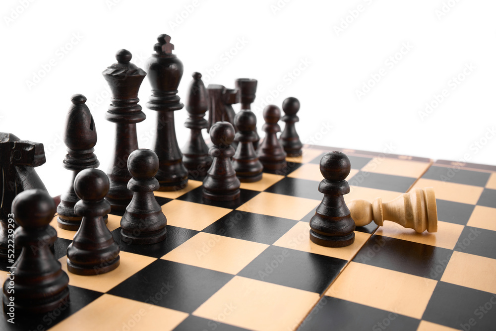 Vintage chess board with checkers, pawns, knights, rooks, bishops ...