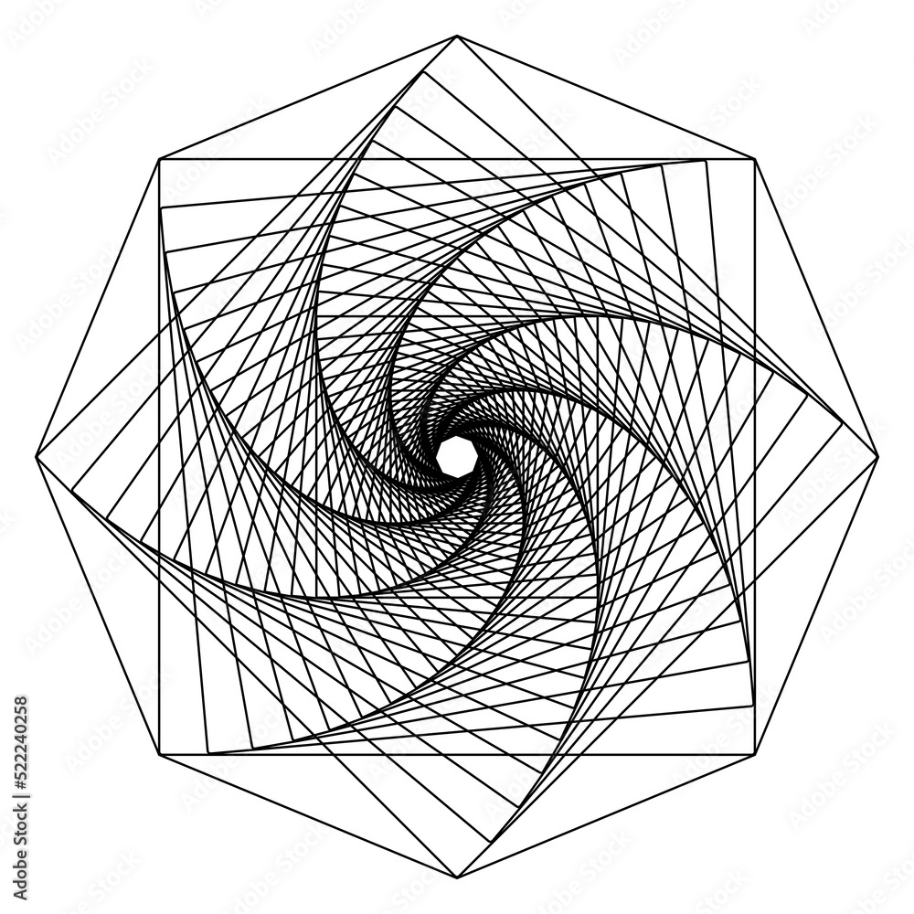 Geometric spirograph line art pattern from overlapping squares in a spiral inside an octagon ...