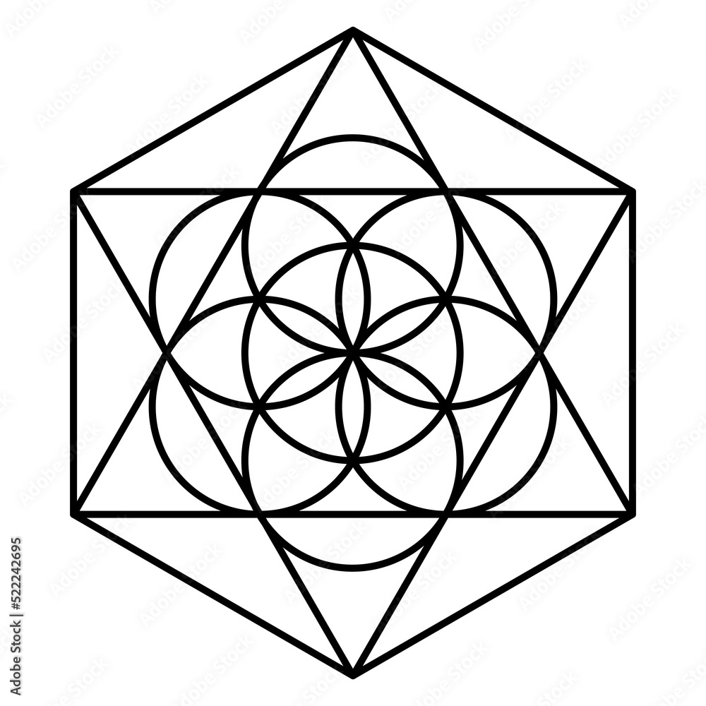 Overlapping circles and star design inside a hexagon in black outline ...