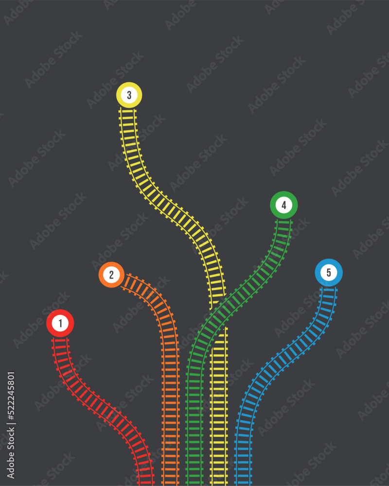 Vector illustration of curved railroad with marks isolated on dark ...