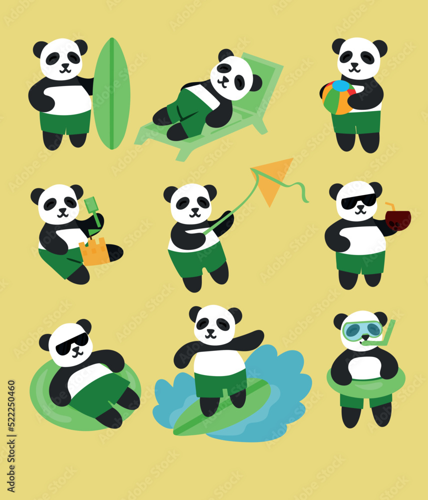 Set of summer pandas on beach. Vector illustration isolated on color ...