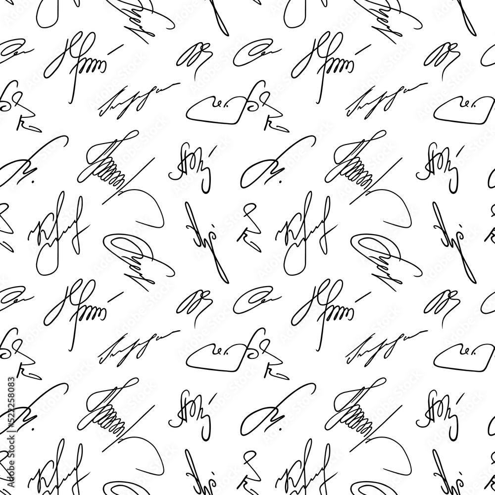 Seamless pattern signature. Repeated hand drawn autograph. Black scrawl ...