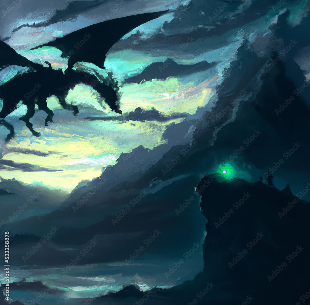 Mystic dark fantasy medieval castle with dragons flying in the sky ...