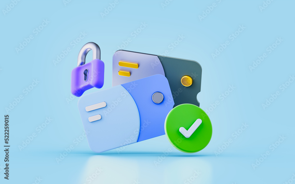 debit credit card sing with lock checkmark 3d render concept for money ...