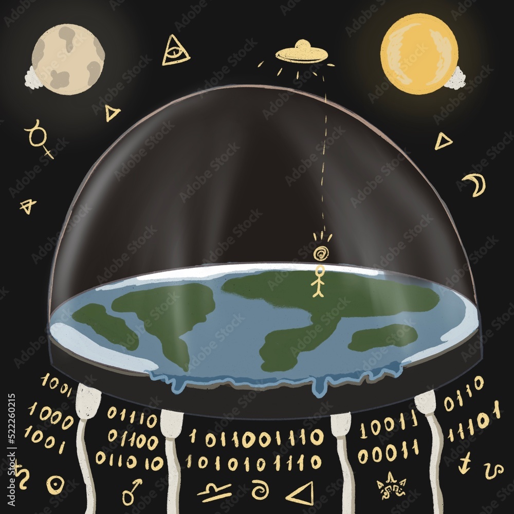 conspiracy theories: a drawing of a flat earth and various mystical ...