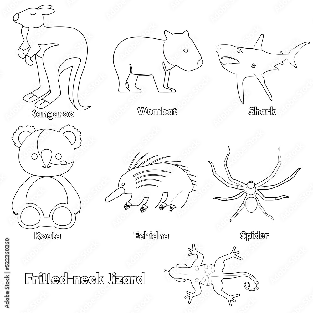 Set of Australian animals Coloring Pages,Worksheets For Kids Stock ...