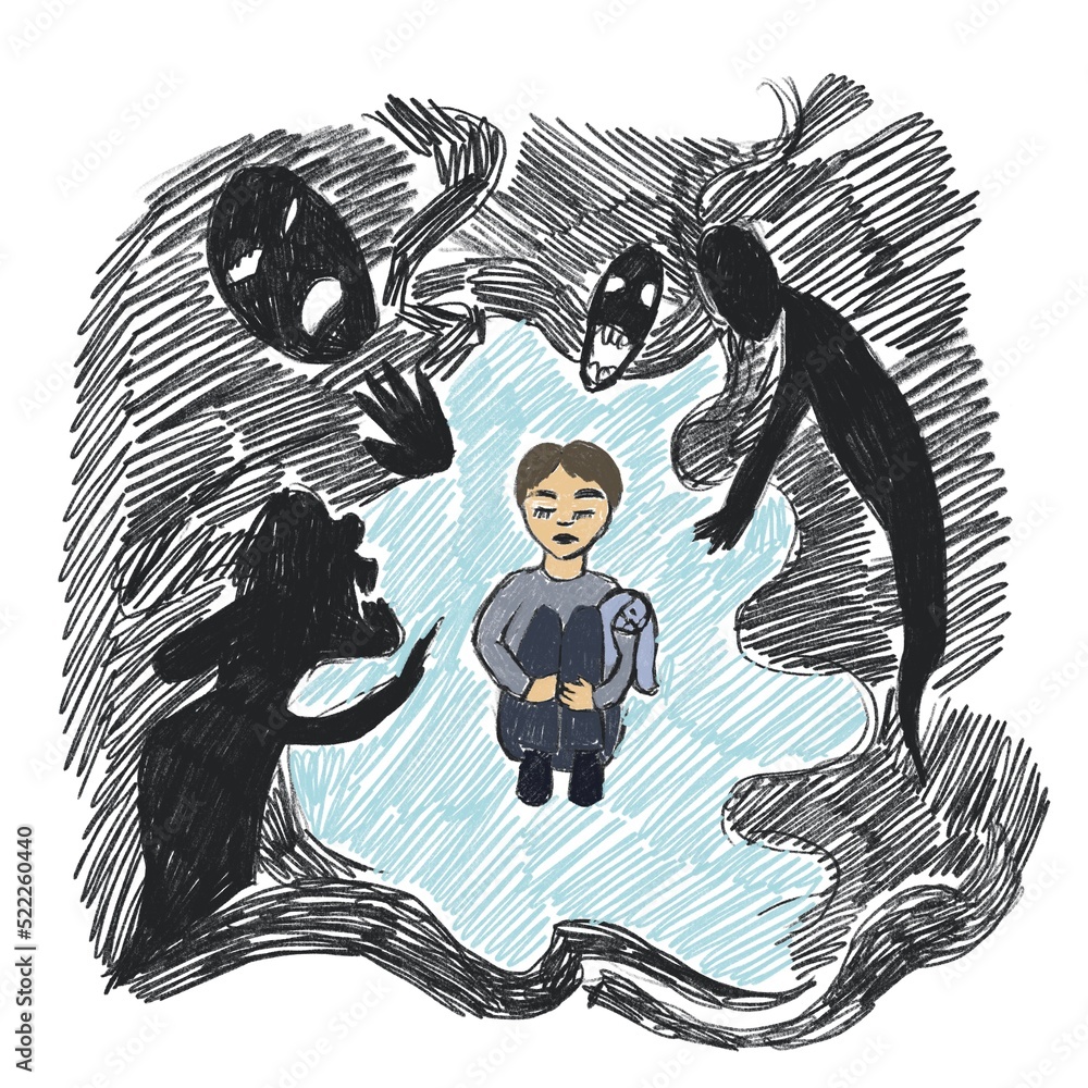 child's drawing of a boy surrounded by his fears, a traumatized child ...