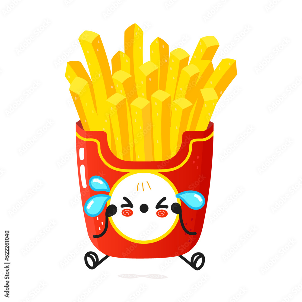 Cute sad french fries character. Vector hand drawn cartoon kawaii ...