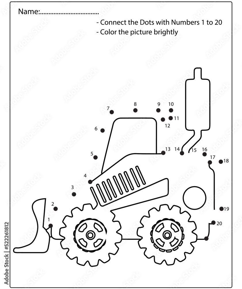 Dot to dot kids puzzle worksheet cartoon drawing construction vehicle ...
