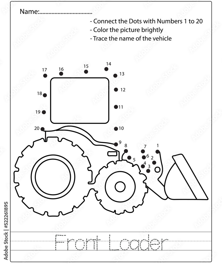 Dot to dot kids puzzle worksheet cartoon drawing construction vehicle ...