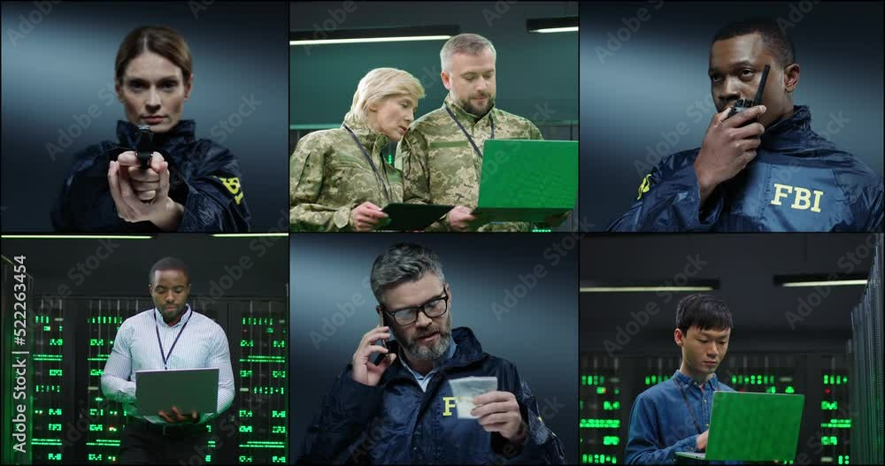 Multi screen on mixed-race people of different professions. Female FBI ...