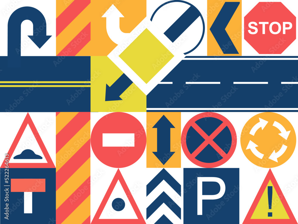 Traffic roads sign abstract background. Trafic signs: Stop, give way ...