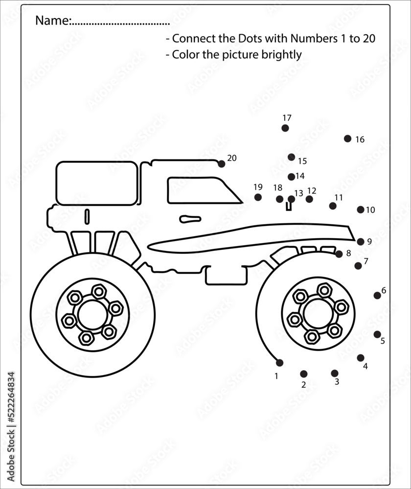 Connect the dot and color Monster Truck game for preschool kids with ...