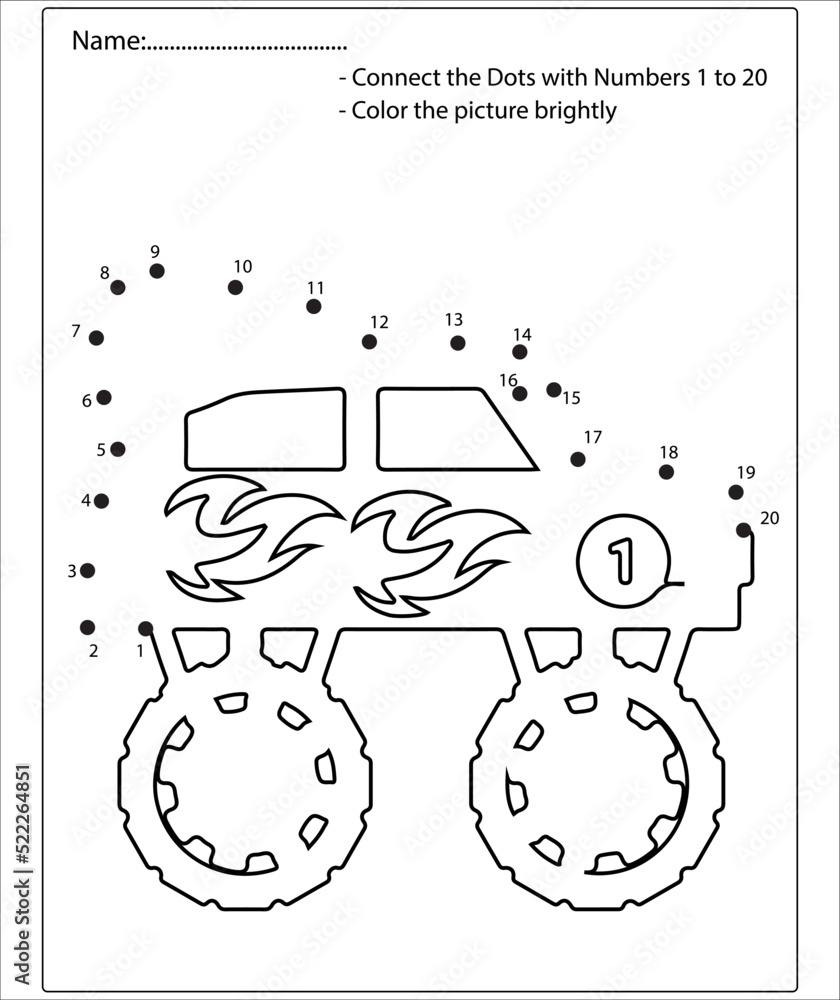 Vetor de Connect the dot and color Monster Truck game for preschool ...