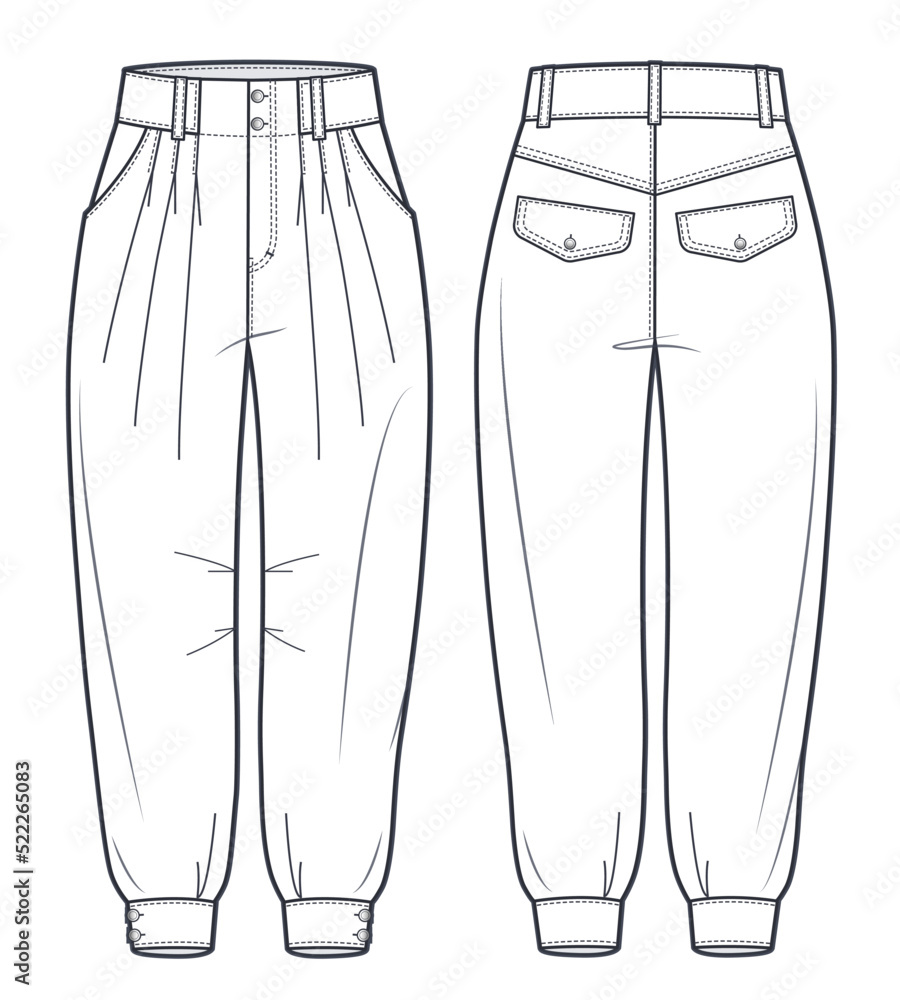 Slouchy pants fashion flat technical drawing template. Jeans Denim ...