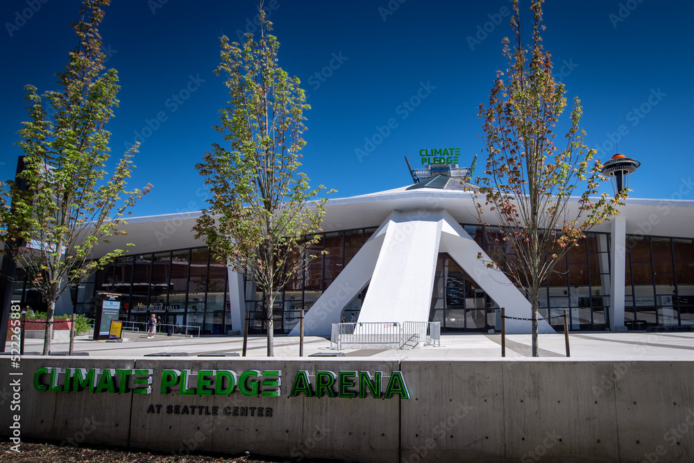 Seattle, WA—Aug 4, 2022; green corporate logo identifies front entrance ...
