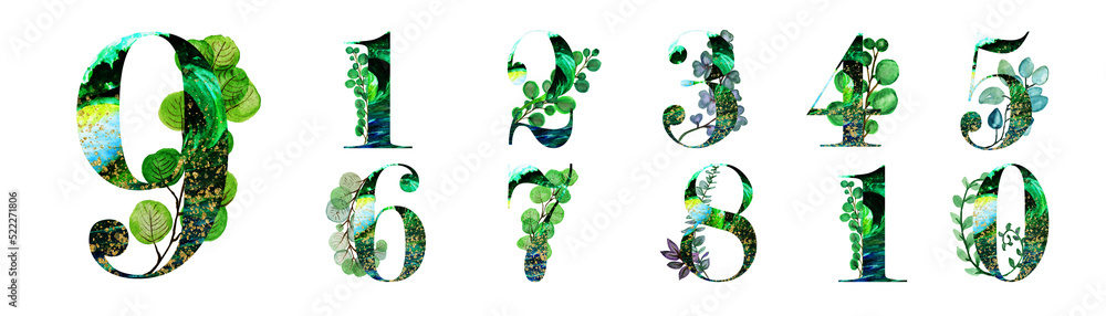 Collection of numbers, watercolor emerald background with gold splashes ...
