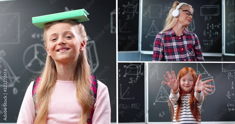 Close up of happy little junior students at school. Joyful small girl ...