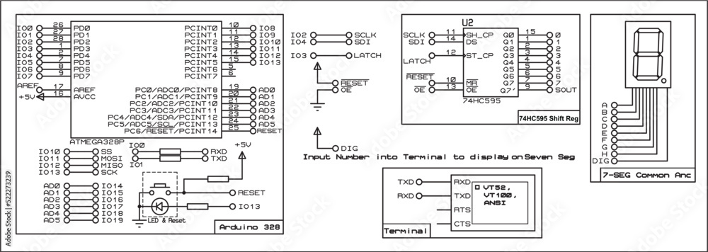 Vector diagram of connecting a seven-segment indicator and a register chip to an Arduino. Stock ...