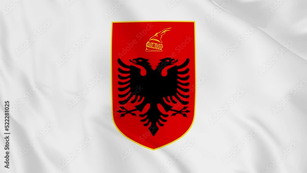 national emblem coat of arms or symbol of albania in waving flag ...