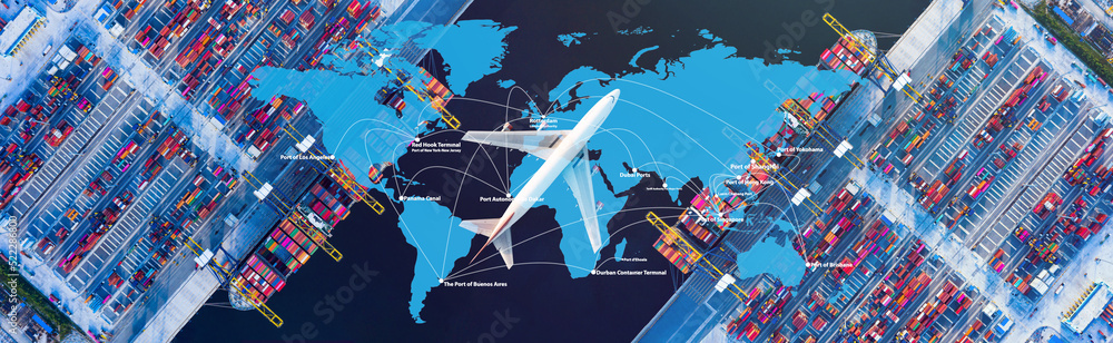 Cargo plane flying above ship port coverage world map import-export ...
