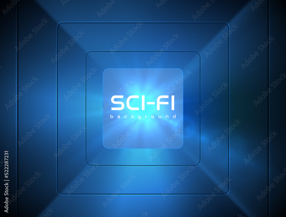 Blue square sci-fi perspective space star light at the end of tunnel design. Vector center lens ...