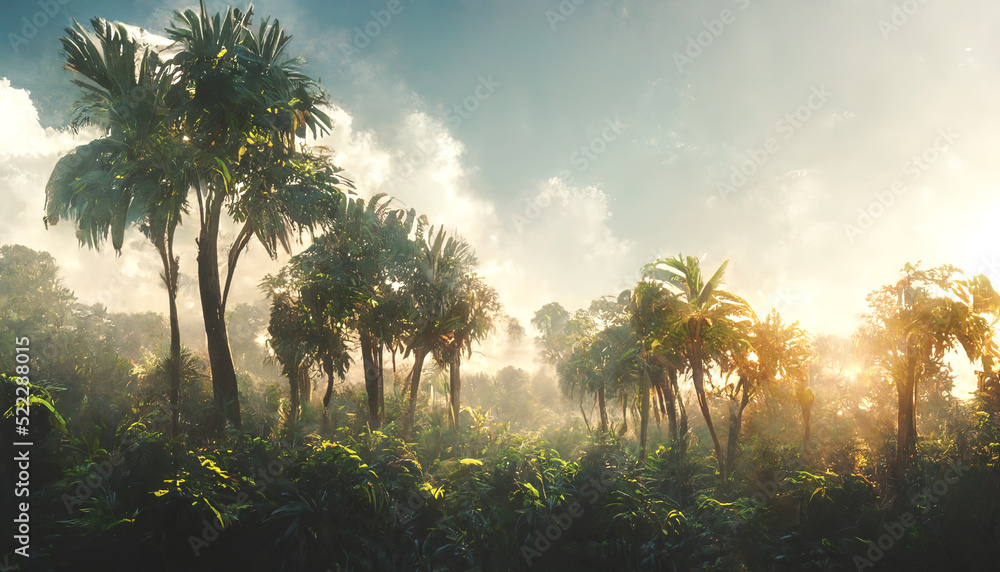 Exotic tropical palm forest at sunset, sun rays through leaves, shadows. Tropical forest, exotic ...
