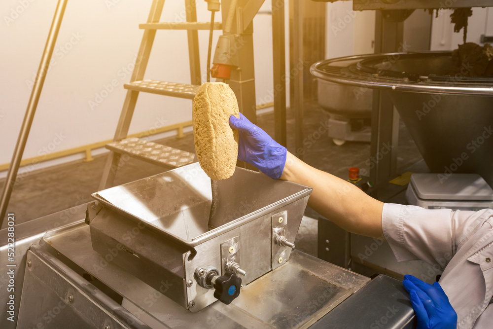 Baker hand puts molded dough into receiver of conveyor. Product quality ...
