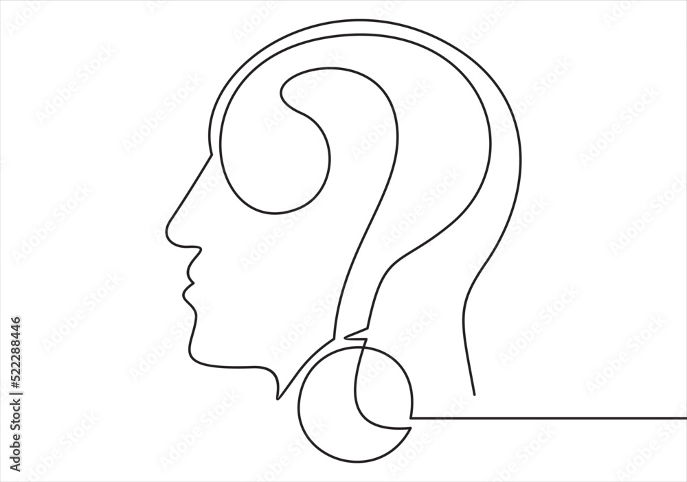 The head of a man with a question mark is drawn by a single black line ...