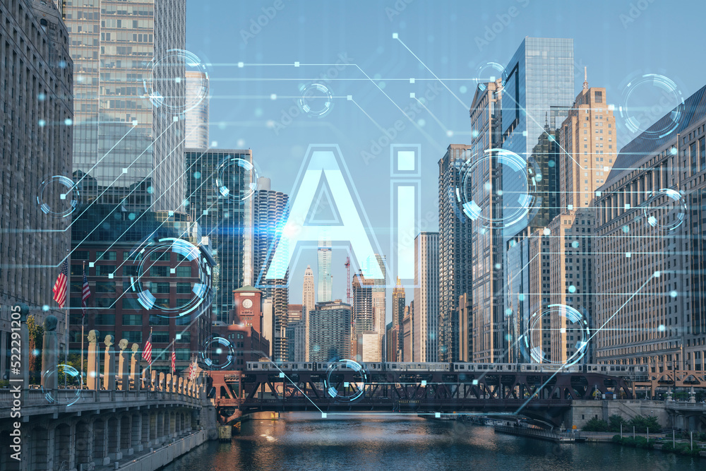 Panorama cityscape of Chicago downtown and Riverwalk, boardwalk with ...