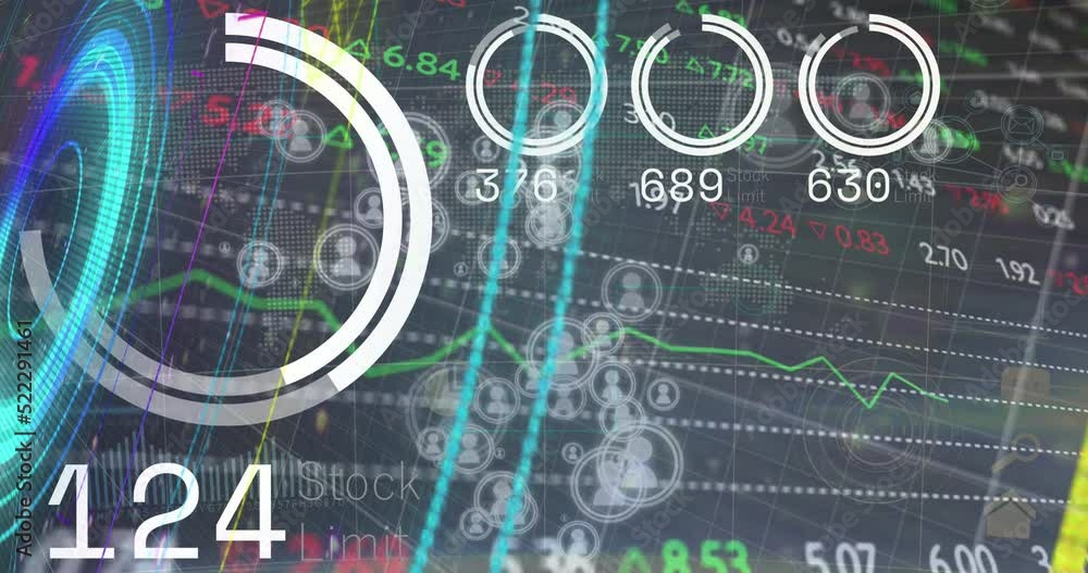 Animation of numbers, processing circle, neon shapes and financial data ...