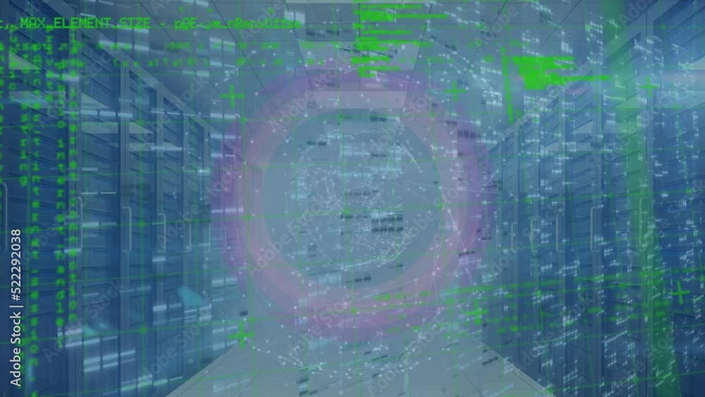 Animation of data processing, mosaic squares and spinning globe against computer server room ...