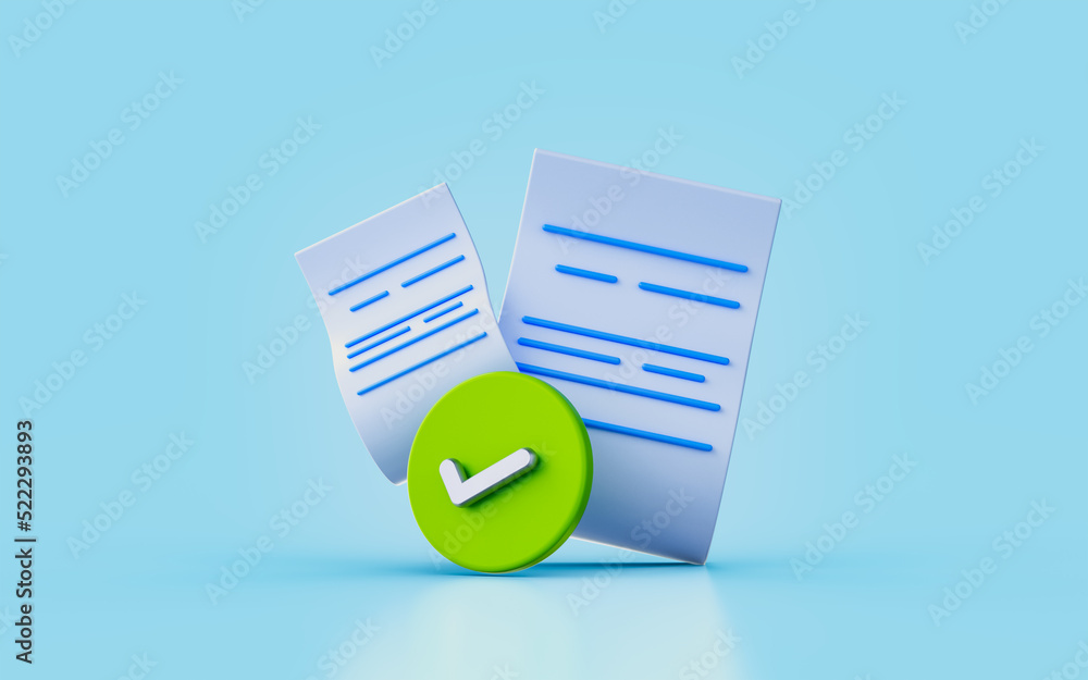 document checkmark sign 3d render concept for official important papers ...