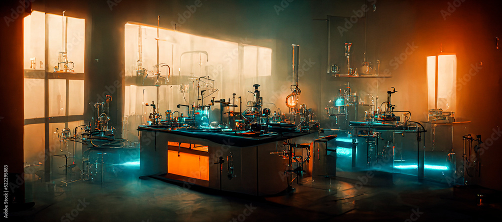 Science lab laboratory, dark room, drawings made by artificial intelligence It is a future ...